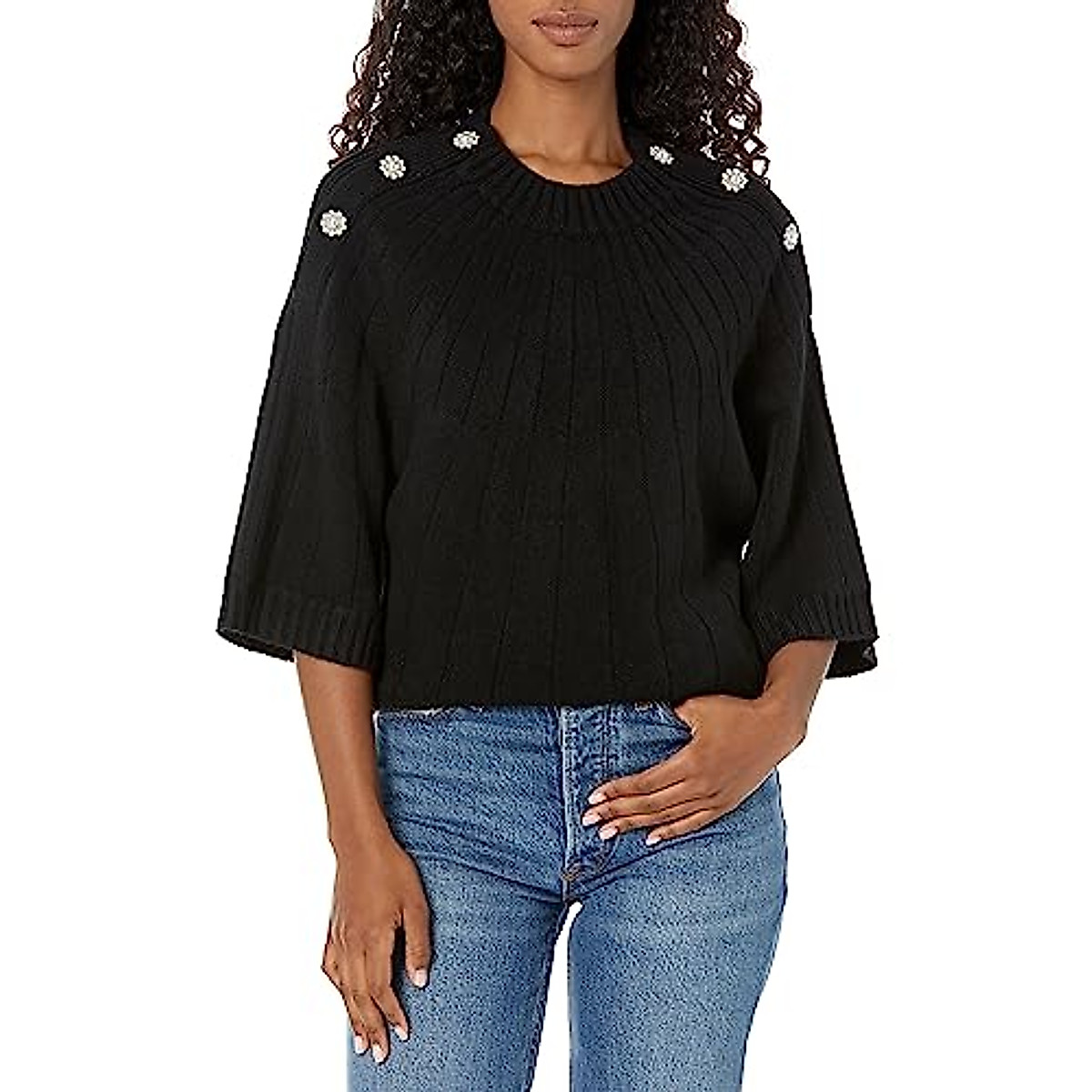KARL LAGERFELD PARIS Women's Everyday 3/4 Sleeve Sweater, Black, Small