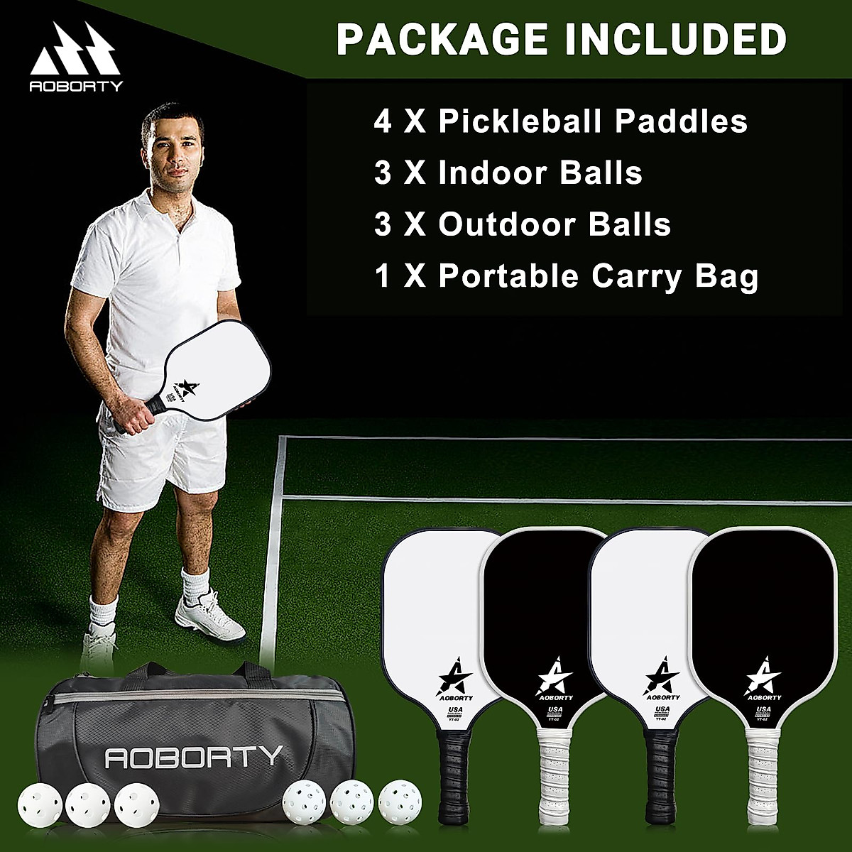 AOBORTY Pickleball Paddles 4 Pack - Light Graphite Premium Rackets Fiber Face Pickleball Set with 6 Outdoor Indoor Balls Including Portable Carry Bag