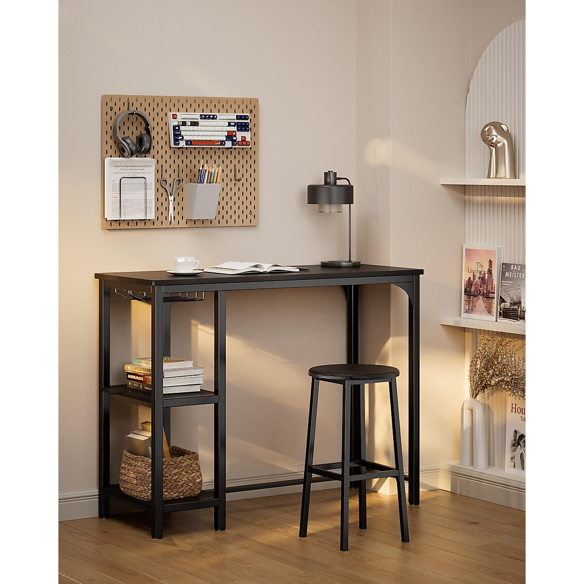 Qsun Small Bar Table Set for 2, Bar Table with Stools, Kitchen Table for 2 with 2 Storage Shelves & Wine Glass Holder, Small Dining Table for Small Apartment, Dining Room, Black