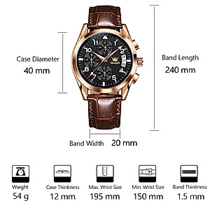 Black Watch for Men Large Face Brown Leather Band Watches with Date Stainless Steel Fashion Men's Chronograph Watches Rose Gold Waterproof Luminous Easy Read Mens Multifunction Aviator Watch for Men