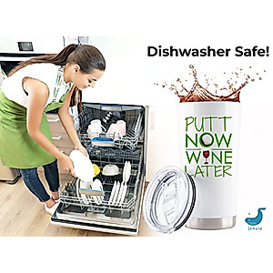 JENVIO Golf Gifts for Women | Putt Now Wine Later | Stainless Steel Wine/Coffee Tumbler | Funny Female Valentines Themed Stuff for Golfing Golfers (White, 20 Ounce)