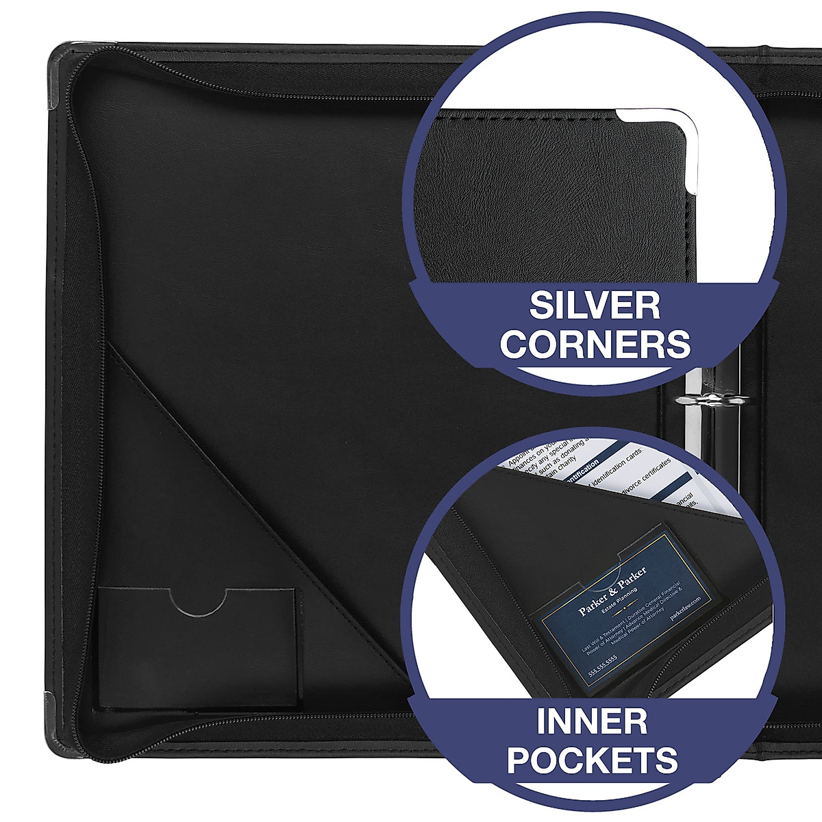 Samsill Classic Professional 3 Ring Zippered Binder, 2 Inch Round Ring, Portfolio Organizer for 8.5x11” Documents, Binder with Zipper, Silver Corner Accents, Black