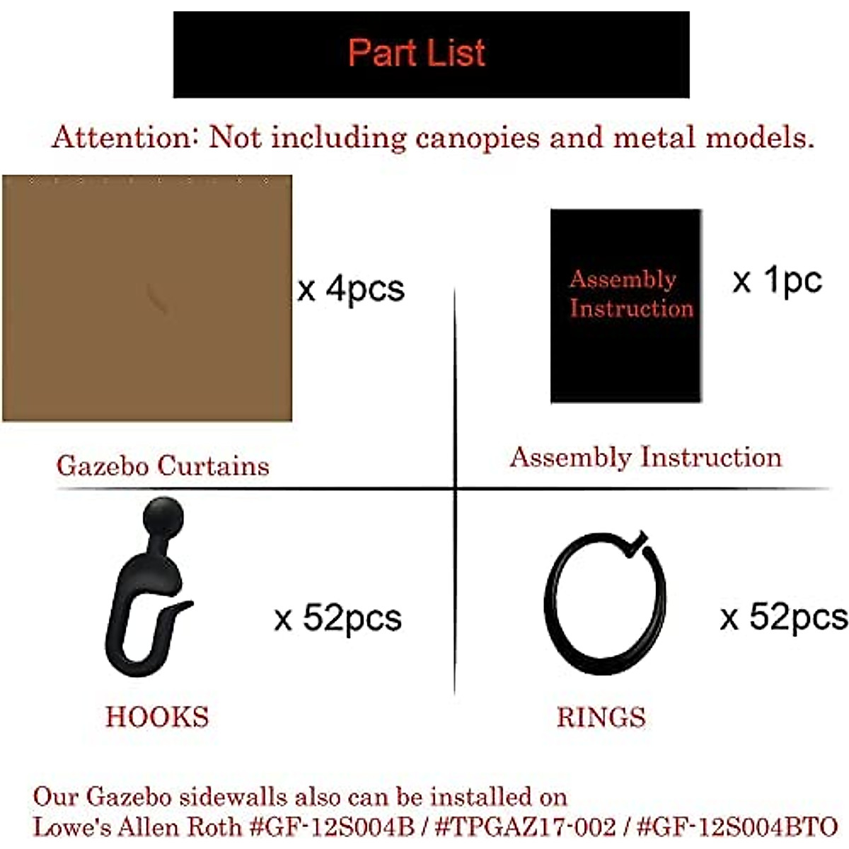 Gazebo Universal Replacement Privacy Curtain 4-Panels sidewall with Zipper (ONLY Curtain) (10' x 12', Khaki)