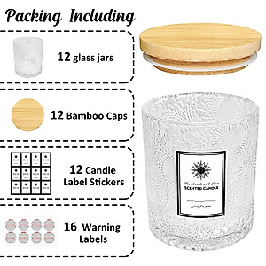 SUPMIND 8oz Embossed Candle Jars for Making Candles, 12 Pack Luxury Clear Candle Jars Bulk Empty Glass Candle Containers with Bamboo Lids, Stickers Labels - Dishwasher Safe