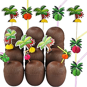 ALINK 50 Luau Umbrella Straws + 54-Pack Coconut Cups with Straws and Cocktail Picks