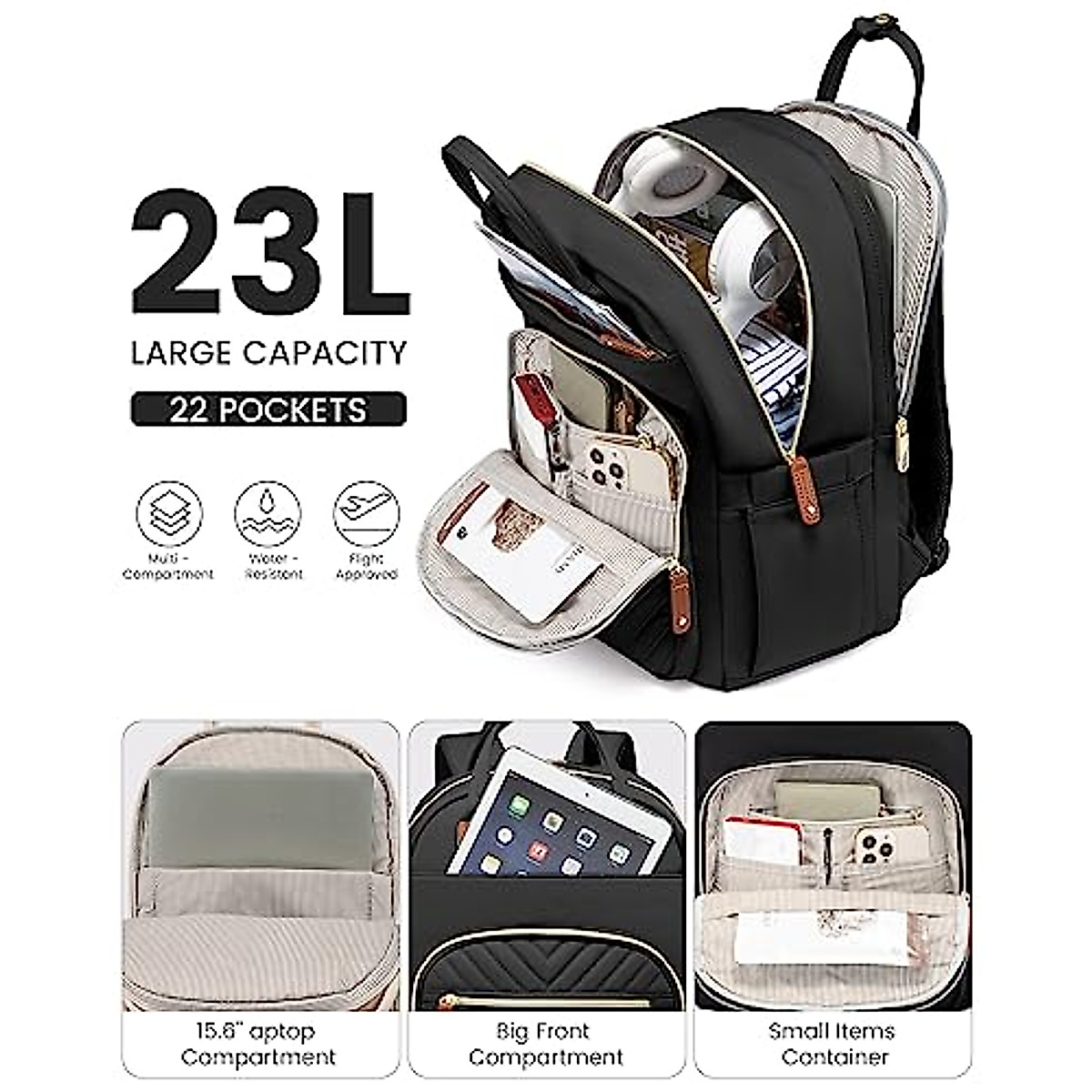 LOVEVOOK Laptop Backpack for Women Men, 15.6 Inch Computer Backpack Purse with USB Port, Fashion Anti-Theft Travel Backpacks, Waterproof Casual Daypack for Work Bag Back Pack, Black