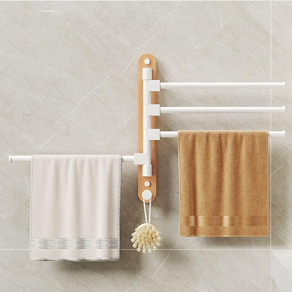 Swivel Towel Rack, Towel Bar with Wall Mounted 180° Rotation, 4-Arms Towel Hanger Beech + Space Aluminum, Space Saving for Kitchen/Bathroom No-Punch/Punch Holes Dual Use (4- Arms)