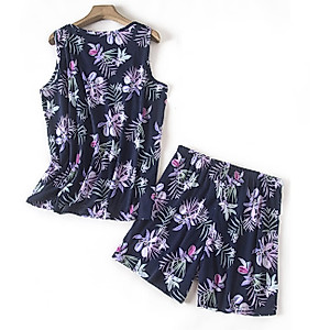 CHUNG Women's Cotton Pajama Set Cute Patterned Tank Top Sleeveless T Shorts Sleepwear Summer Plus Size loungewear,PurpleFlower,XL