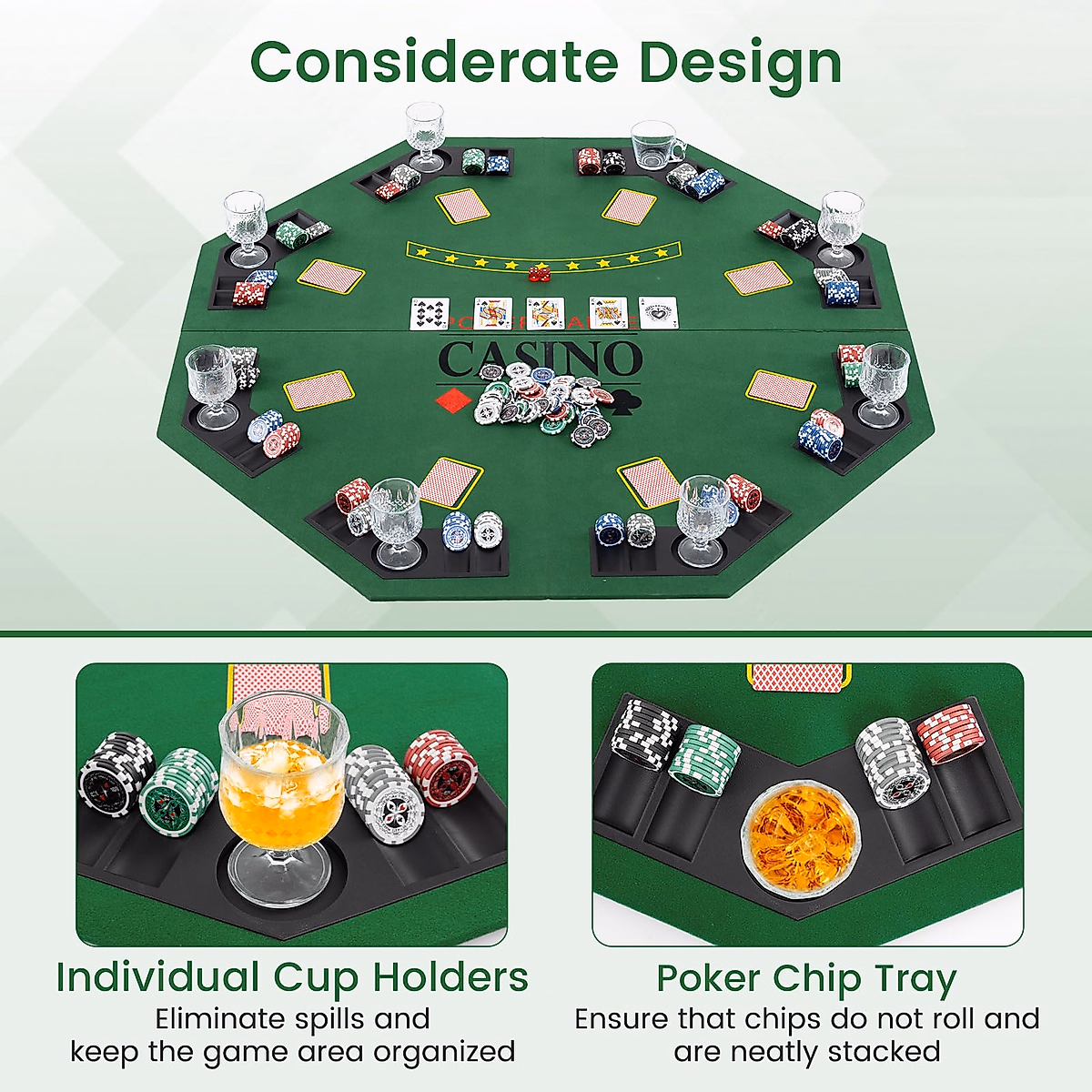 Giantex 48" Poker Table Top, 8 Player Foldable Texas Holdem Poker Mat Layout w/Carrying Bag, Cup Holders, Chip Trays, Portable Anti-Slip Blackjack Octagonal Poker Table Topper for Card Casino Game