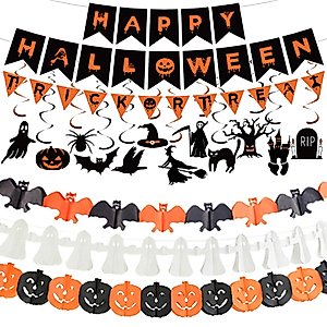 Halloween Party Decorations Outdoor Indoor Decor, HAPPY HALLOWEEN Accessories with TRICK OR TREAT Banner, 3 PCS Large Halloween Garland Bat Ghost Pumpkin, Hanging Party Supplies Backdrop for Home