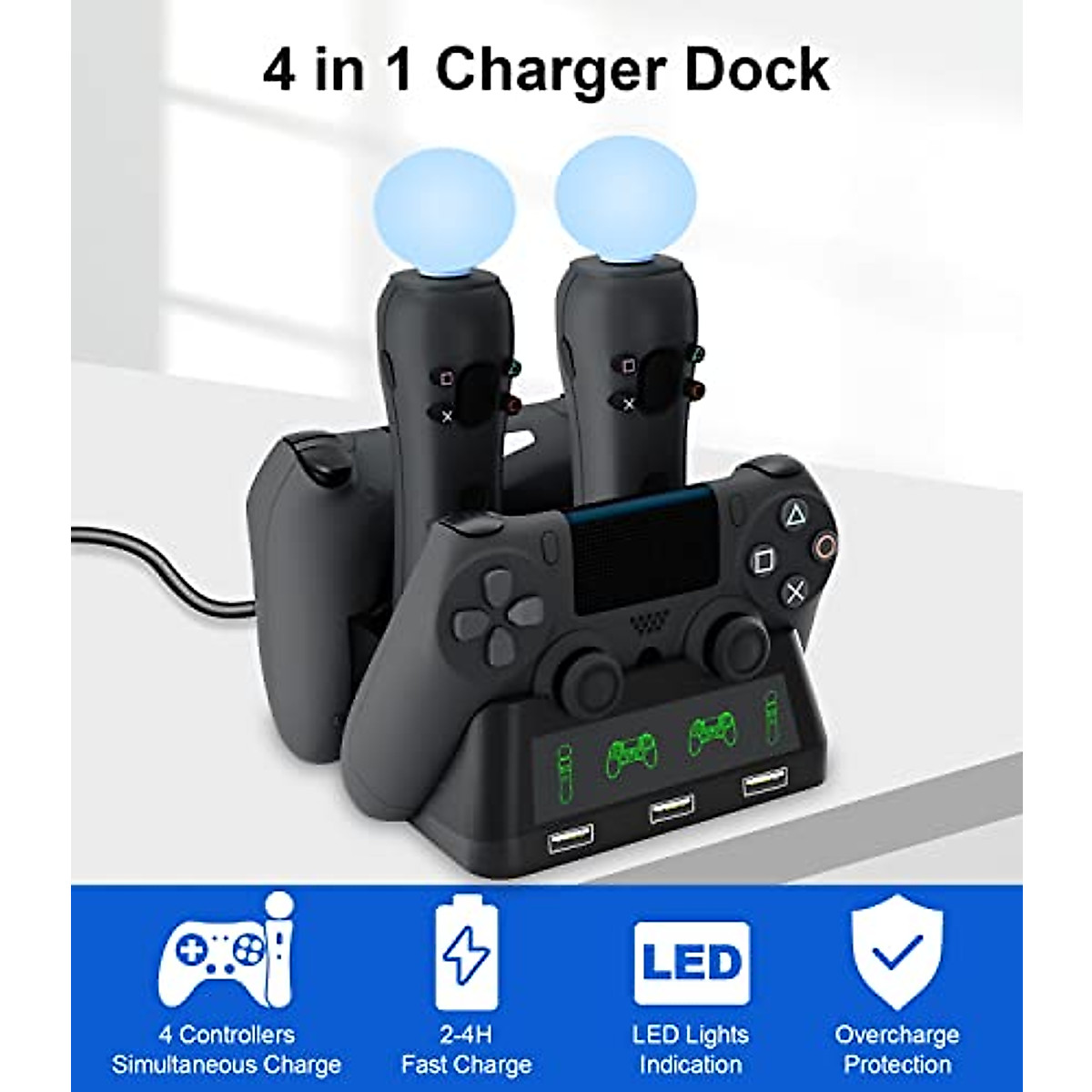 PS4 Controller Charging Dock Station, 4 in 1 PS VR Motion Move Controller Charger Station, Fast Playstation 4 Controller Charger with LED Indicator Compatible with PS4/Slim/PS4 Pro/PS VR Charging Dock