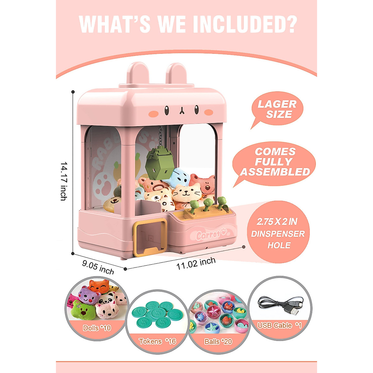 cxjoigxi Large Claw Machine for Kids Adults with Prizes, Adjustable Sound & Light, 2 Power Modes, Mini Candy Crane Vending Machines, Electronic Arcade Game Dispenser Toy for Girls Boys Gift - Bunny