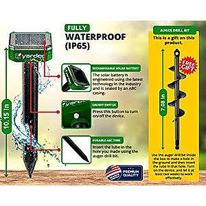 YARDEC Gopher Repellent Ultrasonic Solar Powered - Easy to Use Solar Mole Repellent Ultrasonic with an Auger Drill Bit - IP65 Waterproof Sonic Repeller Stakes for Groundhog, Vole, Snake, etc (4-Pack)