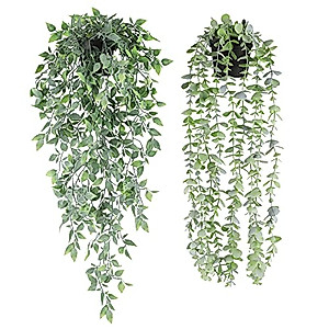 JPSOR Fake Hanging Plants, 2 Pack Artificial Fake Potted Greenery Faux Eucalyptus Mandala Vine in Pot for Home Wall Shelf Indoor Outdoor Decor