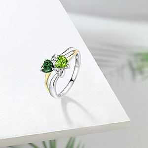 Gem Stone King 925 Silver and 10K Yellow Gold Green Nano Emerald and Green Peridot and White Lab Grown Diamond Ring For Women (1.02 Cttw, May Birthstone, Heart Shape 5MM, Size 8)