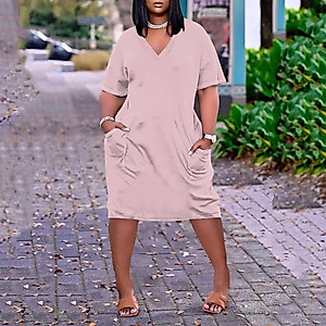 Cnebo Office Dresses for Women for Work Dresses for Women Suitable Plus Size V Neck Dresses Short Sleeve Knee Printed A Line Pink