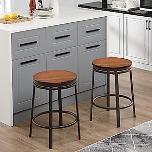 O&K FURNITURE 24-Inch Backless Swivel Bar Stools Counter Height, Industrial Stools for Kitchen Counter, Wood and Metal Bar Stool Chairs Set of 2, Dark Brown