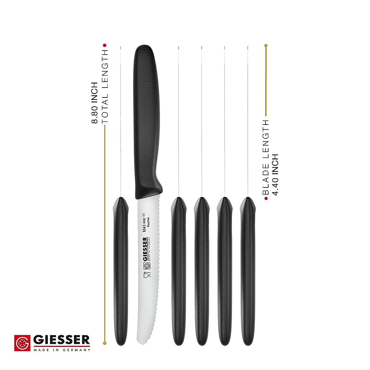 Giesser since 1776, Made in Germany, Black serrated Utility kitchen knives round tip dishwasher safe 4.5 inch - paring knife, Tomato knife, Steak knives set of 6, restaurant knife