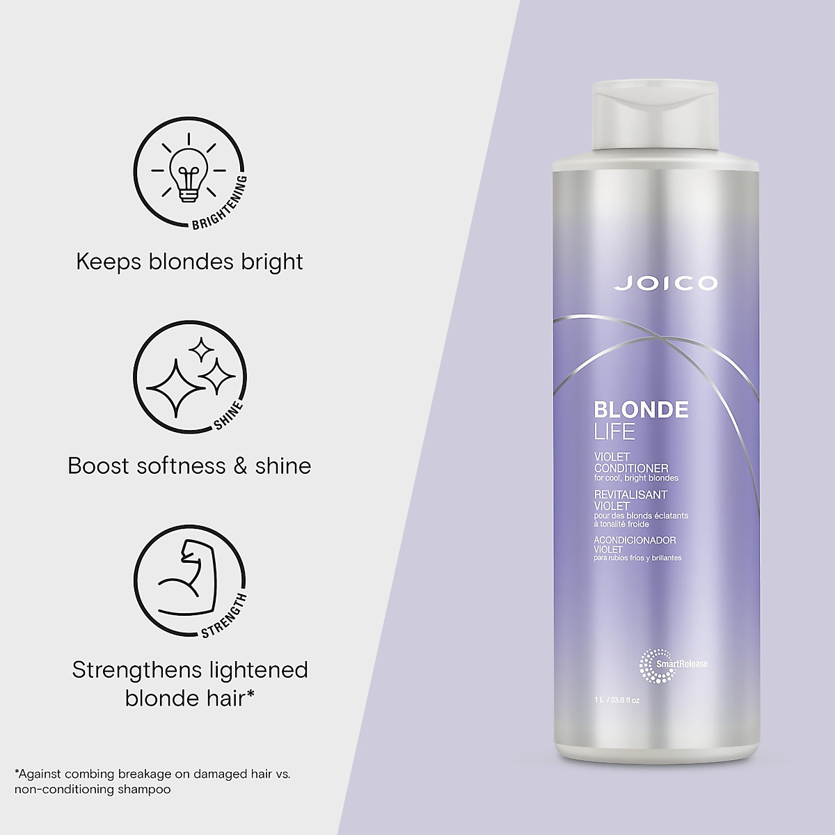 Joico Blonde Life Violet Conditioner | For Cool & Bright Blonde Hair | Neutralize Brassy Tones | Banish Yellow Tones | Boost Shine | Sulfate Free | With Monoi & Tamanu Oil | 33.8 Fl Oz