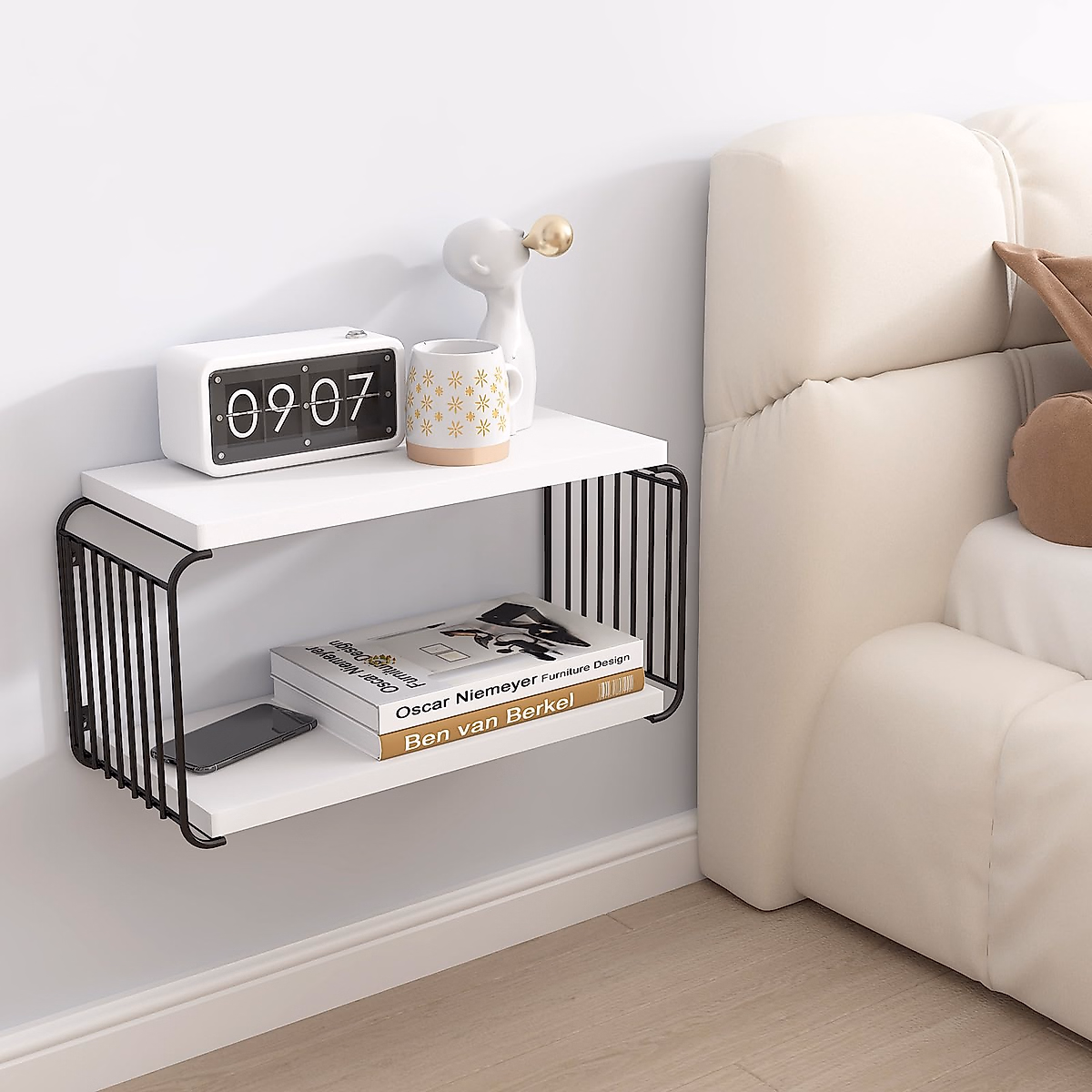 MXCSE Floating Nightstand Shelves – Modern Night Stand for Bedroom, Floating Nightstand, Durable Floating Shelf for Books, Nightstand Bedside Table, Mid Century Wall Shelves Nightstand (1, White)