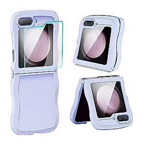 TURYXIA for Z Flip 5 Case, Galaxy Z Flip 5 Case with Screen Protector for Girls Women Soft Silicone Gel Rubber Cute Curly Wave Frame Phone Case for Samsung Z Flip 5 2023- Purple
