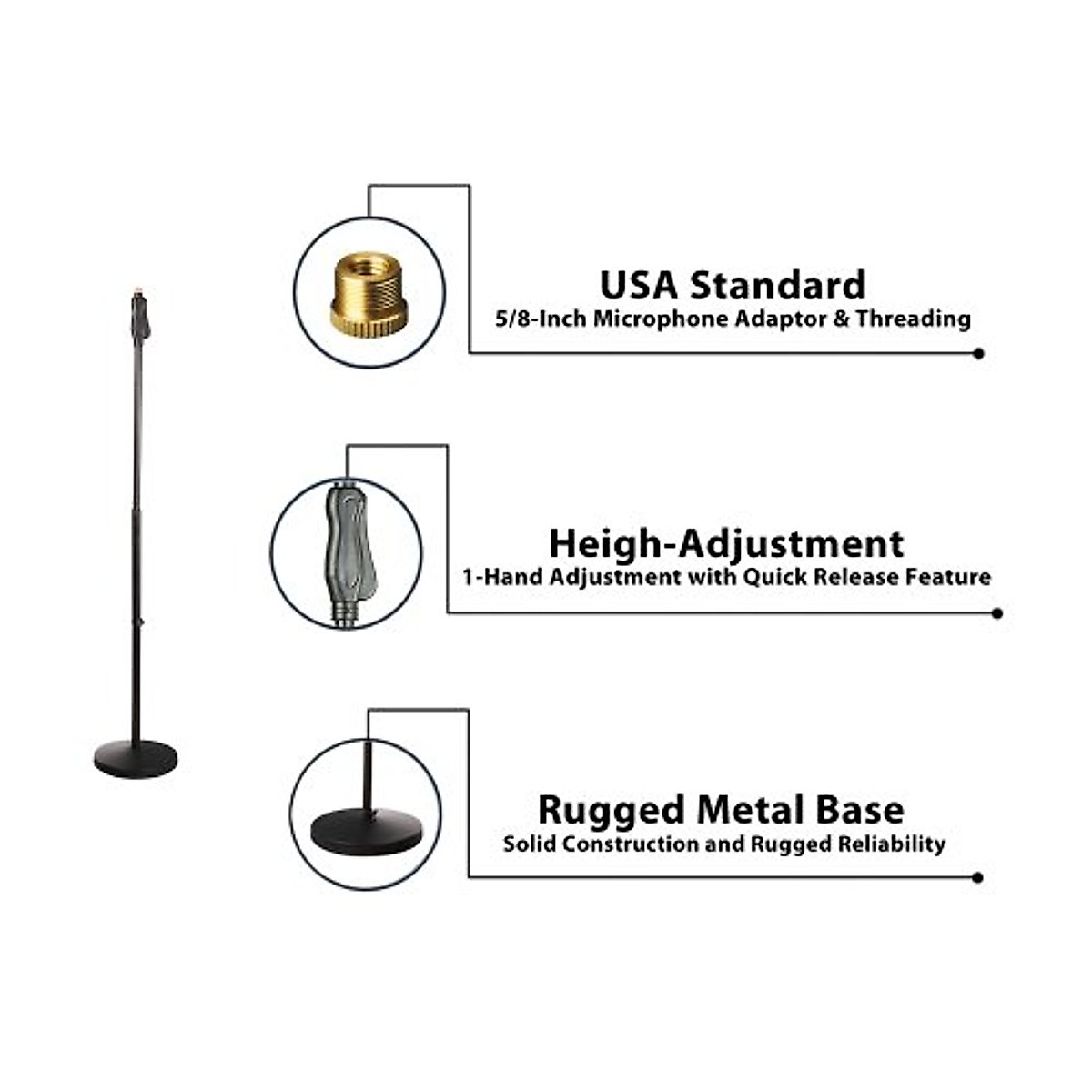 Pyle Universal Microphone Stand - M-6 Mic Mount Holder and Height Adjustable from 27.5” to 57.5” Inch High w/ Compact Round Base Plate - Quick Setting Lock-Tight Knob Lightweight and Reliable PMKS40