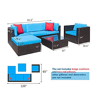 Flamaker 6 Pieces Patio Furniture Set Outdoor Sectional Sofa Outdoor Furniture Set Patio Sofa Set Conversation Set with Cushion and Table (Blue)