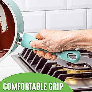 GreenLife Soft Grip Diamond Sandstone Healthy Ceramic Nonstick, 2QT Saucepan Pot with Lid, PFAS-Free, Dishwasher Safe, Turquoise and Cream