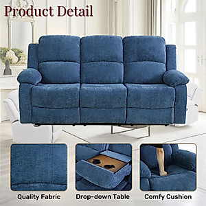 Caberryne Recliner Sofa for Living Room Furniture,Linen Fabric Blue Reclining Sofa 3 Seater Recliner Sofa Couch Reclining Sofa with Drop Down Table RV Sofa for Living Room(A-Linen Fabric Blue)