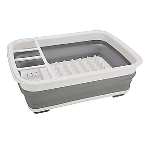 Kitchen Details Collapsible Dish Drying Rack | Space Saver | Aerated Bases Drain Holes | Plates, Bowls, Utensils Compartments | Countertop and Sink Storage | White/Grey