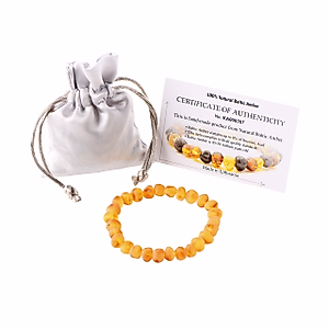 Raw Amber Bracelet for Adults Made on Elastic Band - 7 Inches - Baltic Amber Land - Hand-made From Unpolished / Certified Baltic Amber Beads (Honey)