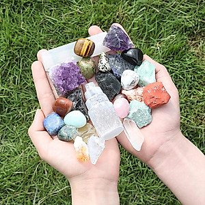 30 PCS Crystals and Stones Set - Natural Raw Healing Crystals & Tumbled Chakra Stones, Premium Protection Crystals Gift Kit Display in Wooden Box + Info Guide
