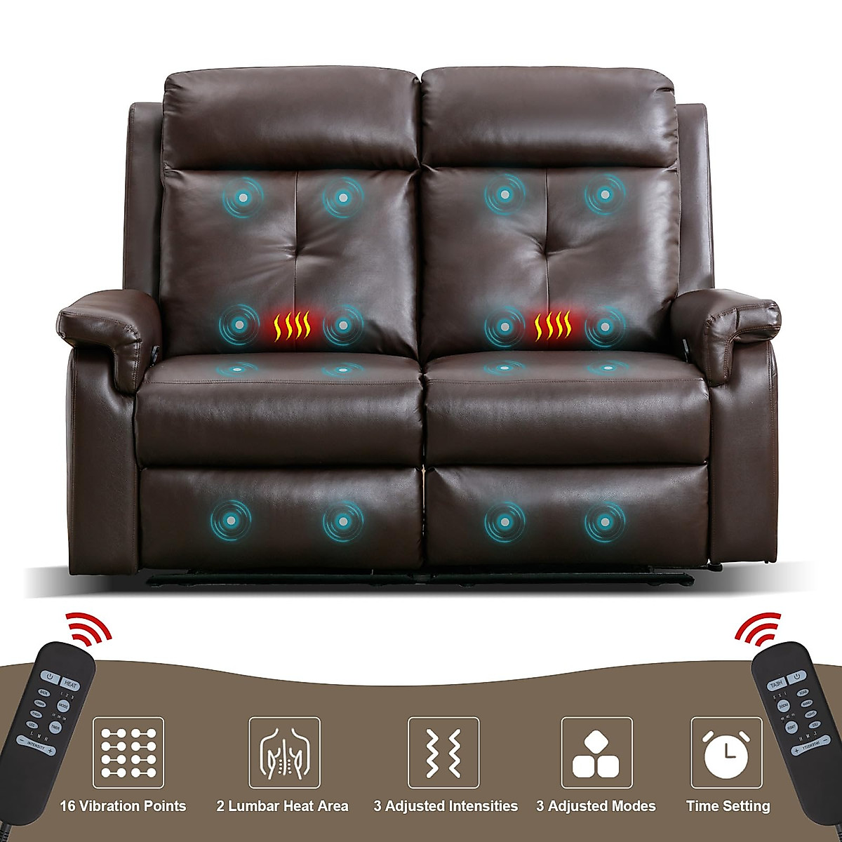 PALLOME Loveseat Recliner, PU Leather Reclining Sofa, 54'' Double Recliner Loveseat with Heat and Massage, RV Theater Seating, Manual Recliner Chair for Living Room (Brown)