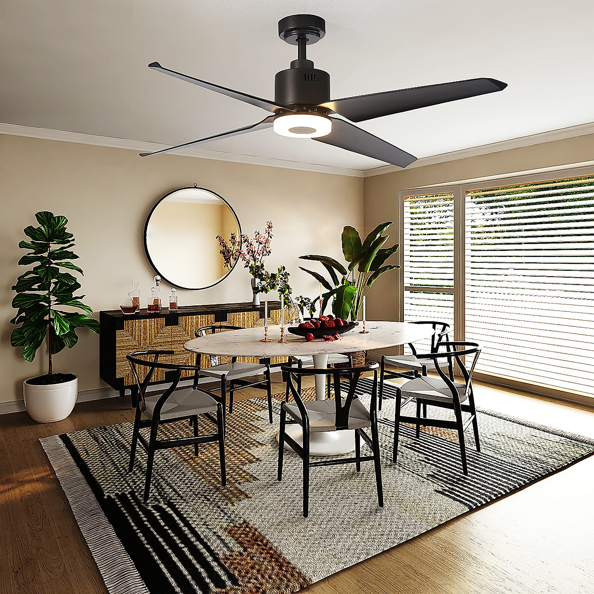 FINXIN Indoor Ceiling Fan Light Fixtures Black Remote LED 54 Ceiling Fans For Bedroom,Living Room,Dining Room Including DC Motor,4-Blades,Remote Switch