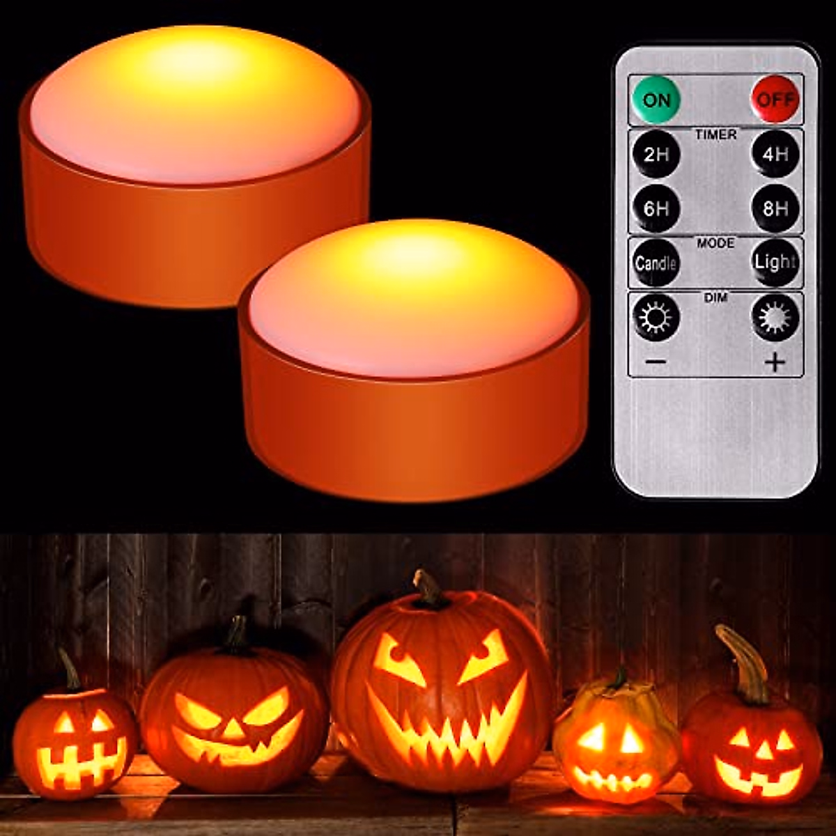Halloween Pumpkin Lights with Remote and Timer 2 Pieces Flameless Jack O Lantern Pumpkin LED Candles Smart Candle Lights Battery Operated for Halloween Thanksgiving Day Outdoor Pumpkin Decor(Orange)