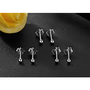 Sterling Silver Stud Earrings for Women Men- 3 Pairs of 2mm Tiny Round Ball Stud Earrings Set Cartilage Small Tragus Earrings Nose Lip Rings, Silver