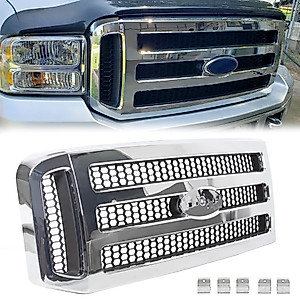 JMTAAT Front Grille Assembly Compatible with Ford 2005-2007 SuperDuty F250 F350 F450 F-250 F-350 F-450 Chrome With Gray Honey Comb Replacement for FO1200456 5C3Z8200BAA (Without Emblem)