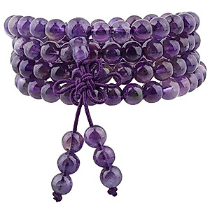 TUMBEELLUWA 6mm Stone Beads Bracelet for Women and Men, 108 Mala Prayer Beads Necklace for Unisex Elastic, Amethyst