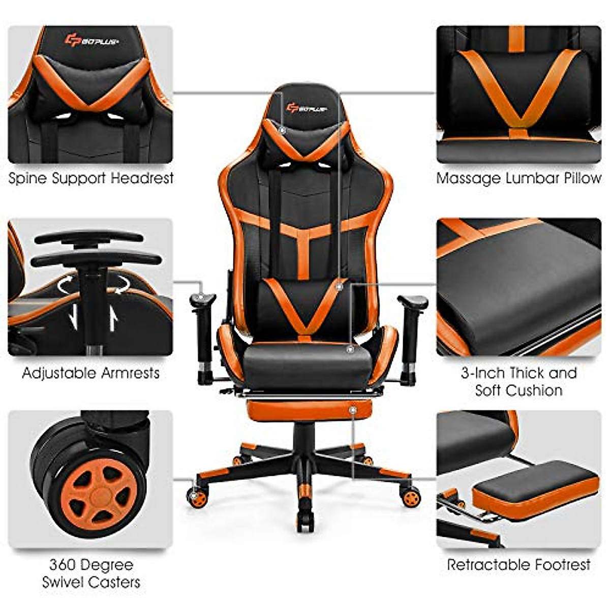 POWERSTONE Gaming Chair, Orange Gaming Chairs Ergonomic Gamer Chair for Adults with Footrest Adjustable Lumbar Support PU Leather High Back Computer Chair Swivel Stool