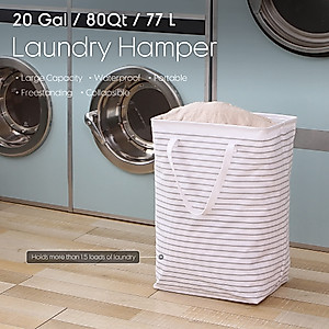Hinwo 20 Gal / 77L Freestanding Large Laundry Hamper, Collapsible Laundry Storage Basket with Easy Carry Extended Handles for Clothes Toys, 16 x 12 x 24 Inches, Grey Stripe