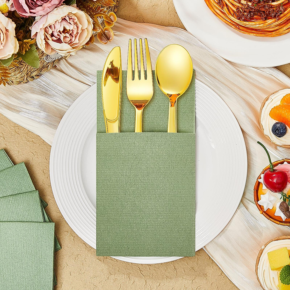 Tioncy 100 Pack Gold Plastic Silverware Cutlery Set Dinner Napkins with Built in Flatware Pocket Disposable 100 Forks Spoons Knives and 100 Like Cloth Paper Napkins for Dinner Wedding Party (Green)
