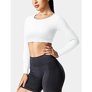 YEOREO Ultimate Workout Crop Tops for Women Long Sleeve Open Back Shirts Padded Bra Backless Yoga Gym Tops White L