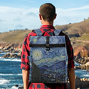 OREZI Van Gogh Painting Blue Starry Night Schoolbag Roll Top Backpack Laptop Backpack Travel Backpack for Kid's Adult