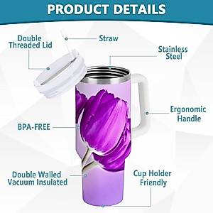Vacuum Insulated Tumbler 40 Oz with Straw and Handle, Purple Tulips Light Purple Travel Coffee Tumbler