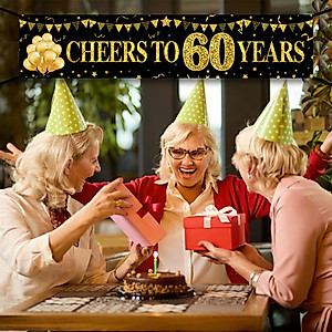 Happy 60th Birthday Banner Decorations for Men Women, Black Gold Cheers to 60 Years Birthday Sign Party Supplies, Sixty Anniversary Yard Banner Party Decor Photo Booth Props