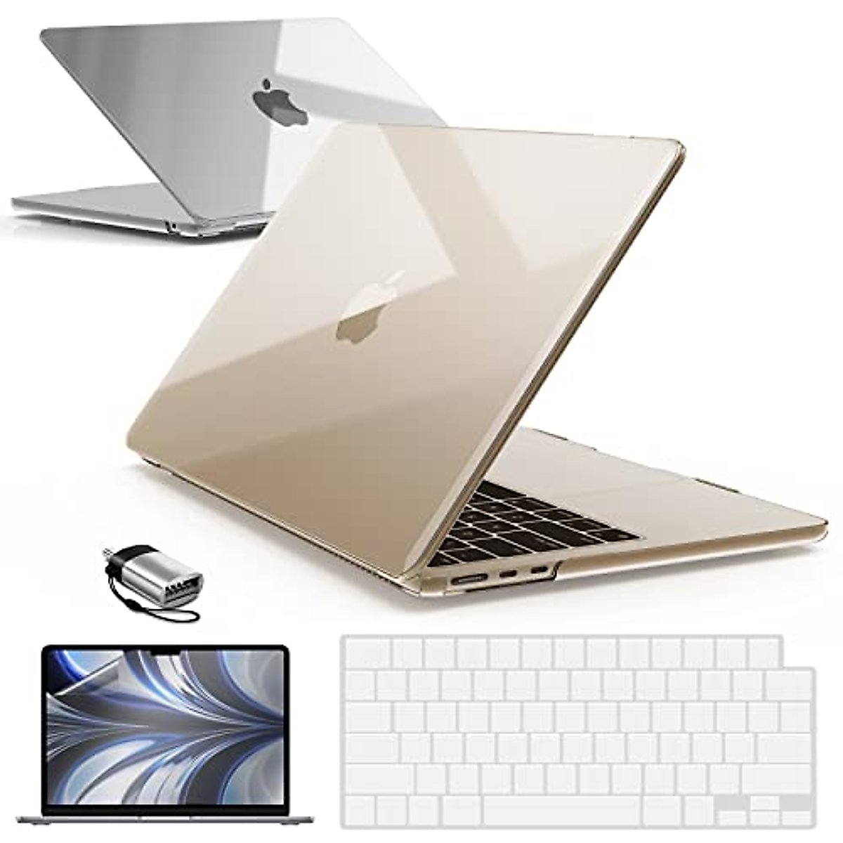 IBENZER Compatible with M2 2023 2022 MacBook Air 13 inch case, Model A2681, Hard Shell Case & Keyboard Cover & Screen Film& Type-C Adapter for New M2 Mac Air 13.6 in, Crystal Clear, AT13-KK-CYCL+2TC