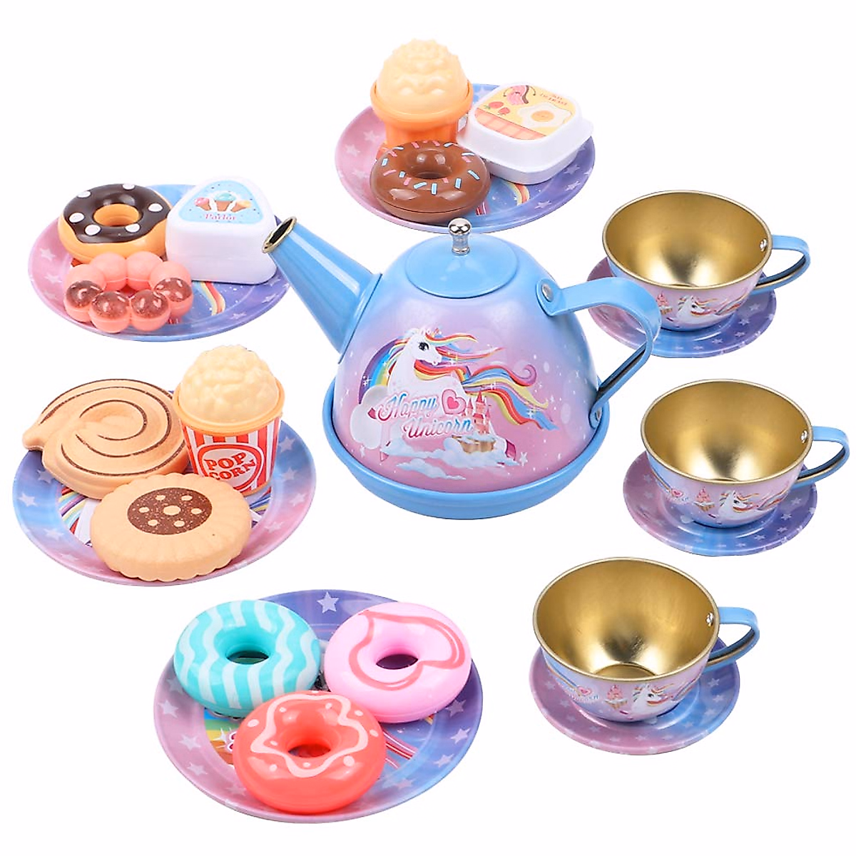 Golray Tea Party Set for Toddlers Girls Toys, Unicorn Gift for 3 4 5 6 Years Old, Tin Tea Set & Carrying Case & Food Treats Playset, Kids Kitchen Pretend Play for Age 3-6 Girls Birthday Gift Idea