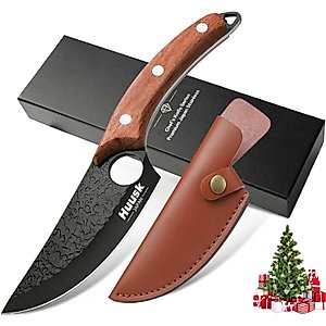 Huusk Knives, Viking Boning Knife for Meat Cutting, Small Ulu knife, Caveman Ultimo Knife Hand Forged Full Tang Knife for Kitchen or Camping Gift for Dad