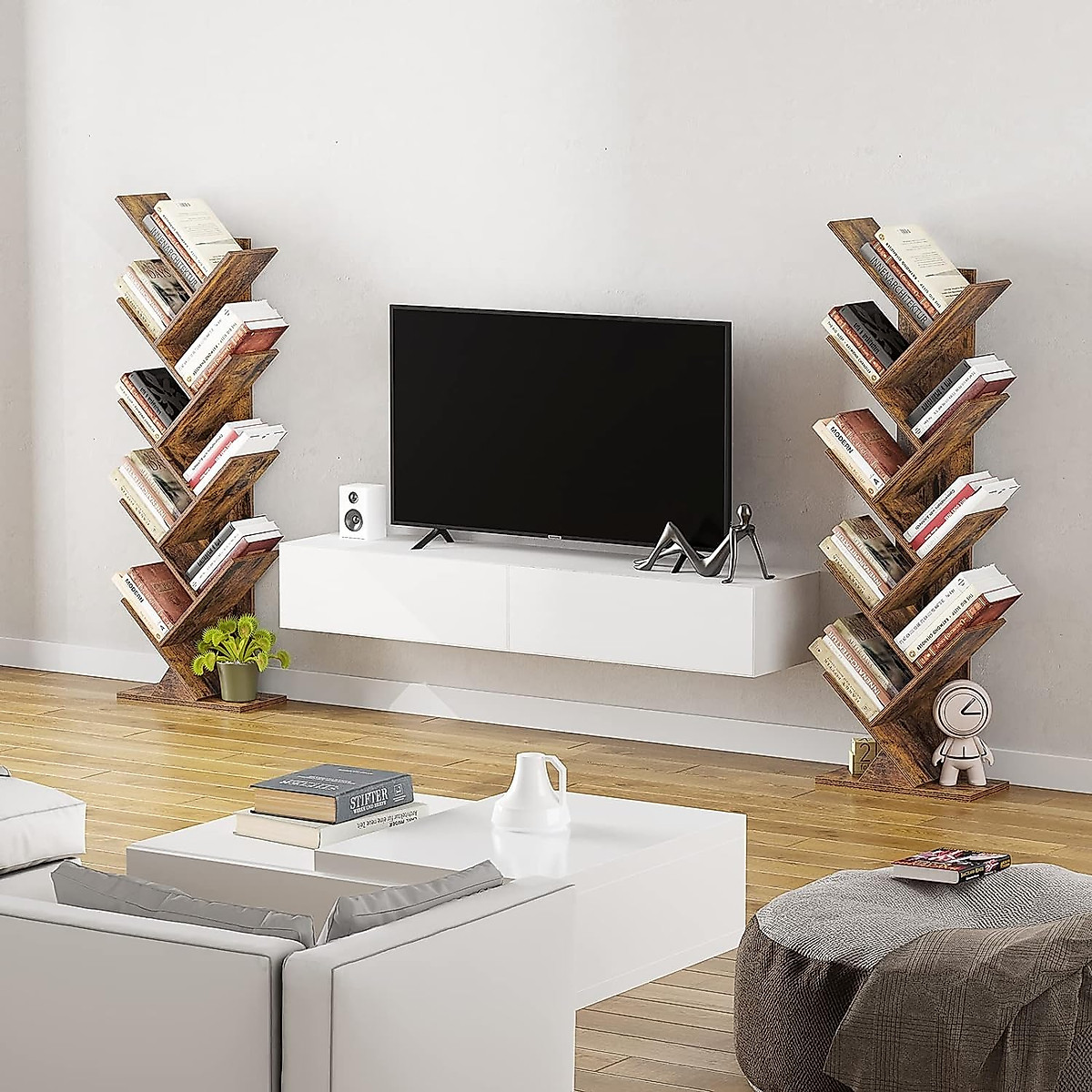 Function Home 9 Tier Tree Bookshelf, Modern Tall Geometric Bookcase, Freestanding Book Shelf, Wood Floor Storage Shelf for Living Room, Bedroom, Home Office,Rustic Brown