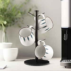 KEWANNO Black Mug Holder Tree, Coffee Mug Holder Countertop, Coffee Cup Holder with 6 Hooks, Weighted Coffee Tree Mug Holder for Counter, Coffee Mug Stand